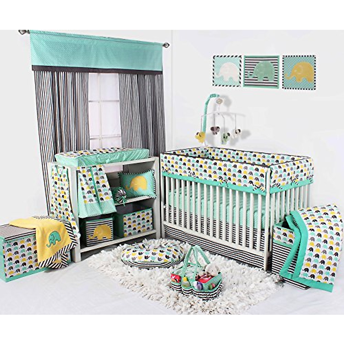 Bacati Elephants Unisex Activity Gym with Mat, Mint/Yellow/Grey
