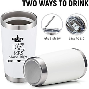Set of 2 10th Wedding Engagement Anniversary Tumblers for Couples Parents 20 Ounce Stainless Steel Insulated Car Tumbler Travel Mug Mr Right Mrs Always Right 10 Years Anniversary Funny Present