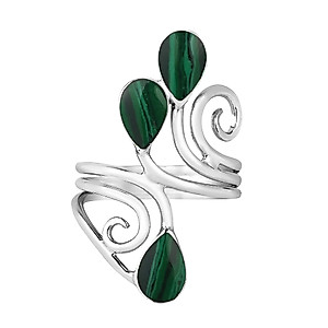 Floral Vine Ornate Teardrop Green Malachite Sterling Silver Ring (10)