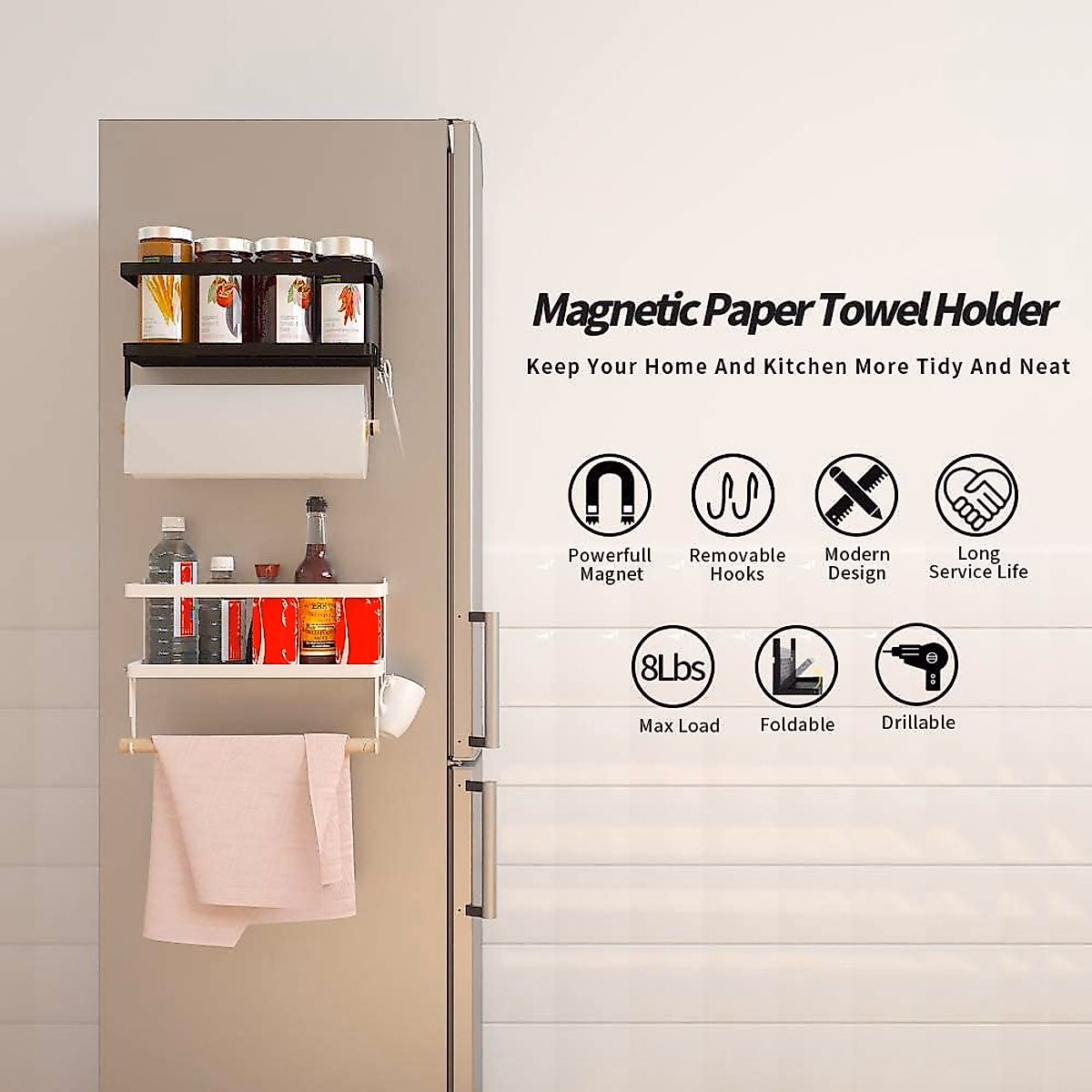 Magnetic Paper Towel Holder for Refrigerator, Magnetic Spice Rack,Magnetic Shelf for Stove,Wall Mount Towel Rack with Hooks,Refrigerator Organizer for Kitchen (Black)