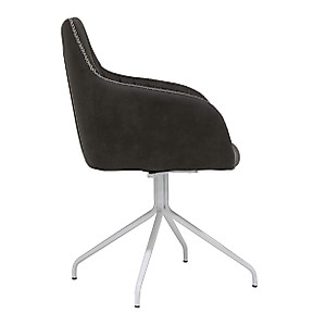 Calico Designs Adelaide Mid Back Swivel, Home Office Accent Chair with Arms, No Casters in White Metal Legs/Dark Grey Tufted Faux Suede with Stitch Detail