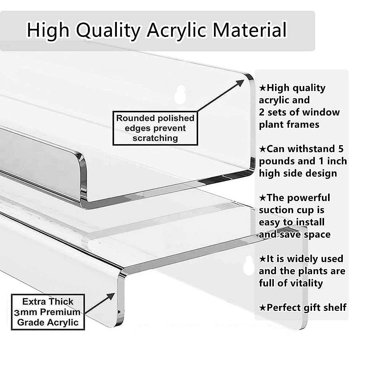 2 Pack Suction Cup Shelf for Plants Window, 12 Inch Acrylic Window Sill Extender for Plants, Window Plant Shelves, for Succulent Planters, Herb Pots, Indoor Plants