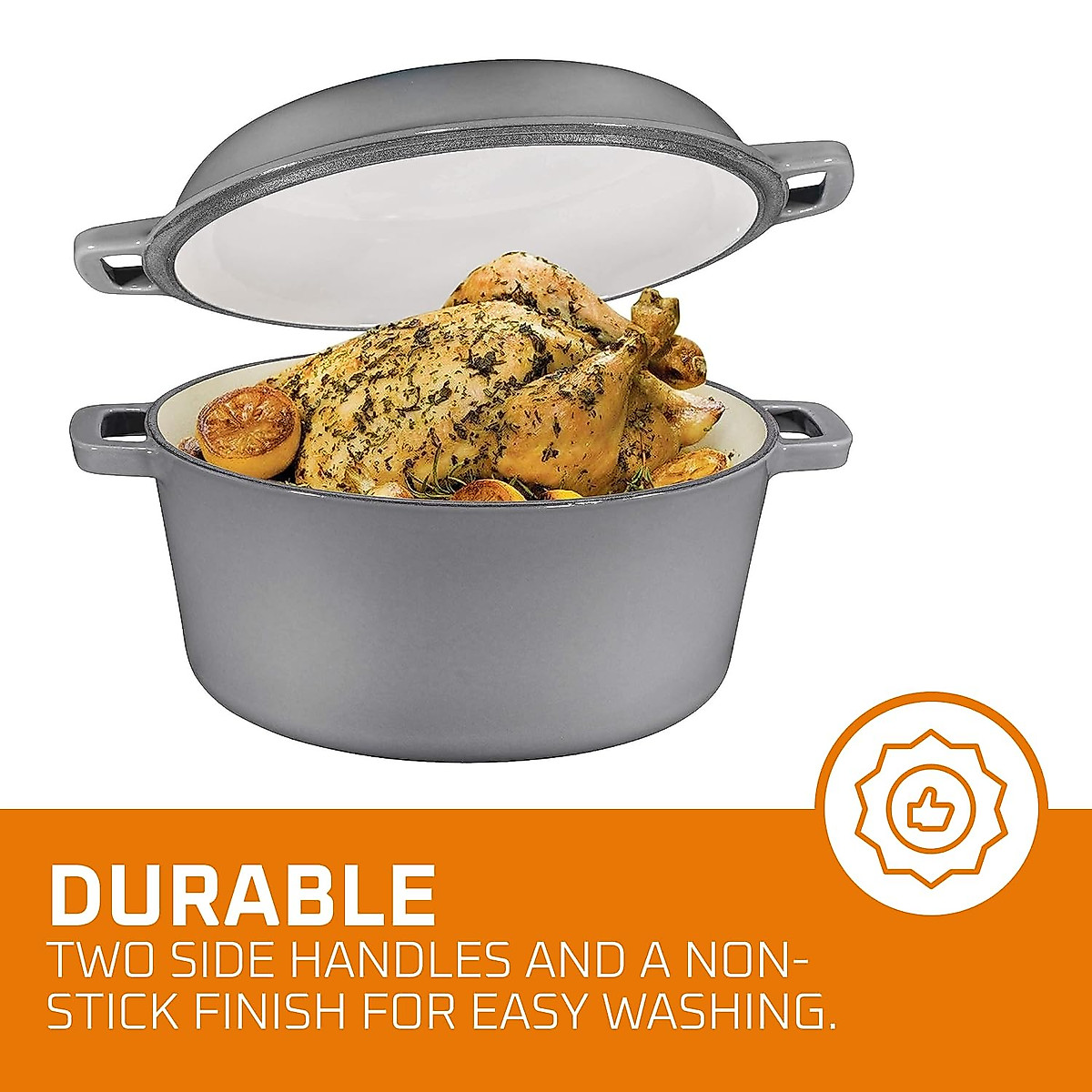 Bruntmor 2-in-1 Enamel Cast Iron Dutch Oven With Handles - Crock Pot Grey Cast Iron pot with Skillet lid - All-in-One Cookware Braising Pan for Casserole Dish - 5 Quart, Grey