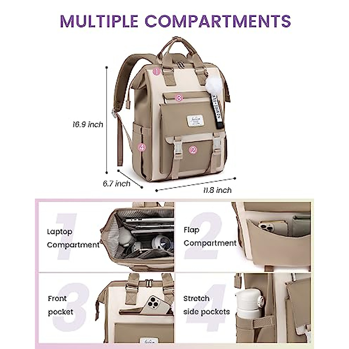 LOVEVOOK Laptop Backpack for Women,15.6 Inch College Backpack,Light Weight Travel Backpack Waterproof Casual Daypack Computer Backpack fits Travel Work Casual（Coffee&Beige）