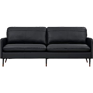 Z-hom Genuine Leather Sofa, Mid-Century Modern Leather Sofa Couch for Bedroom Living Room (Black, 2 Seater)