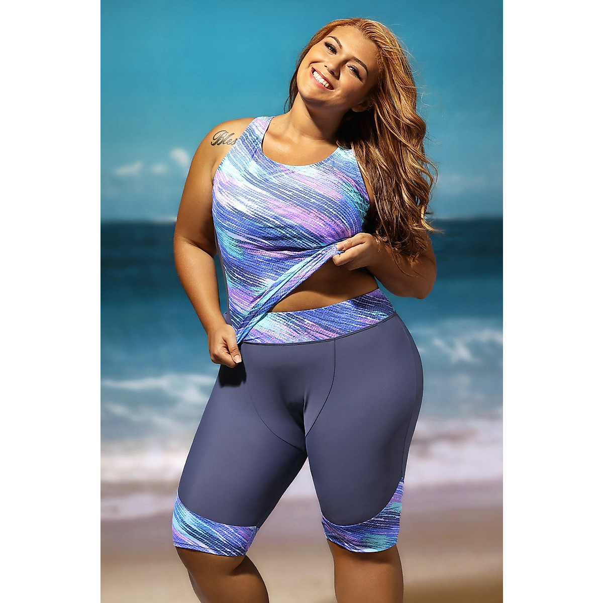 JooMeryer Women's Zigzag Print Plus Size Two Piece Tankini Swimsuits Swimwear,Blue & Grey,L