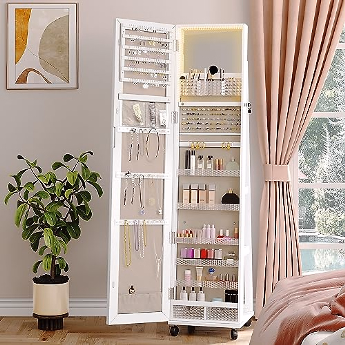 YITAHOME Mirror Jewelry Cabinet with Lights Standing Jewelry Armoire Storage Rotatable Full Length Mirror Jewelry Organizer Lockable Jewelry Armoire with Wheels for Bedroom, Cloakroom, White