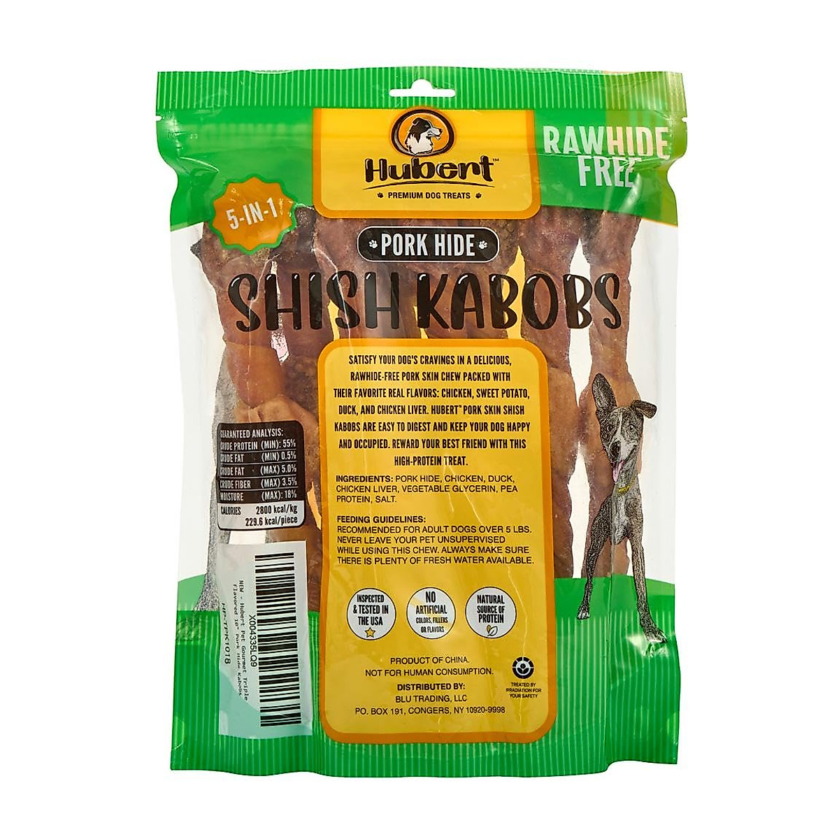 Hubert Pet Gourmet 5-in-1 Large Pork Hide Kabobs – Quad Flavor Chews in a 10-Piece Bag, 10" Chews for All Dog Sizes, 1.8 lb Pack