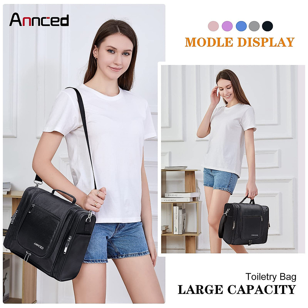 ANNCED Large Capacity Hanging Travel Toiletry Bag for Women and Men,With Shoulder Strap,Waterproof Bathroom and Shower Caddy Organizer Kit for Toiletries,Accessories,Cosmetics, Makeup,Brushes,Black