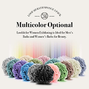 WhaleLife Bath Loofah Sponge Shower Pouf Puff for Men Women 3 Pack (Pink Blue Yellow)