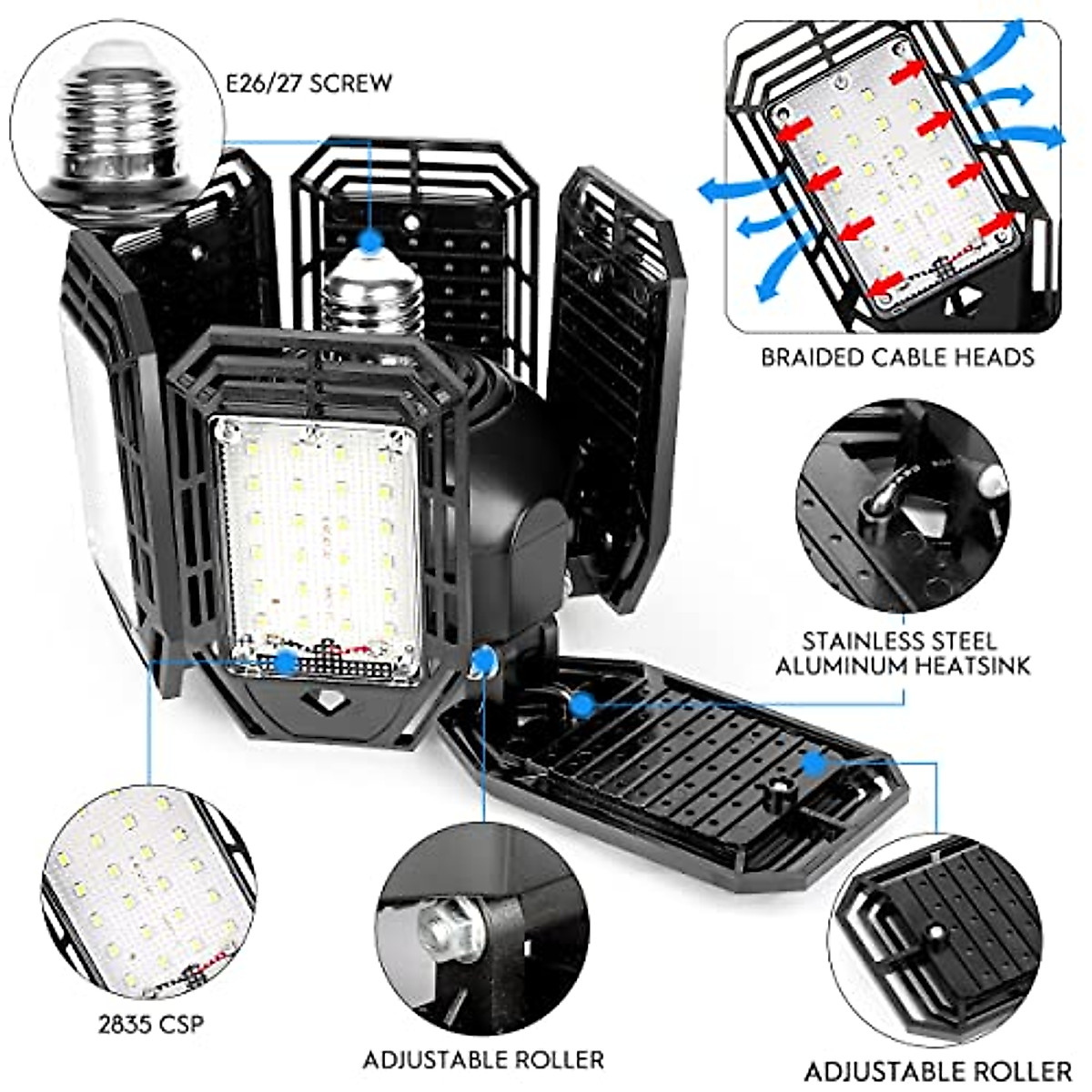 2 Pack LED Garage Lights 160W Deformable 6000LM Close to Ceiling Light Fixtures E26 E27 Screw-in Six Leaf Glow Lighting, Ultra Bright LED Shop Light with 6 Adjustable Panels for Work Shop Warehouse