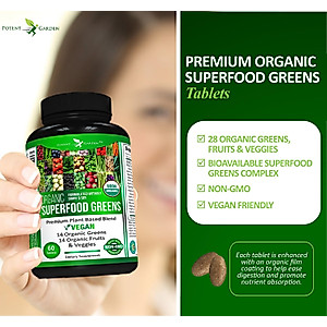 Potent Garden Organic Superfood Greens, Fruit and Veggies Supplement Rich in Vitamins & Antioxidants with Alfalfa, Beet Root & Tart Cherry to Boost Energy, Immunity & Gut Health, Greens Tablets 60 Ct