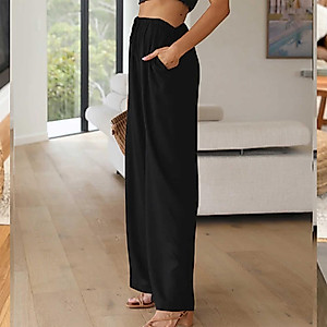 Duyang Womens Cotton Linen Palazzo Pants Drawstring Elastic Waist Casual Wide Leg Trousers with Pockets(Black,XL)