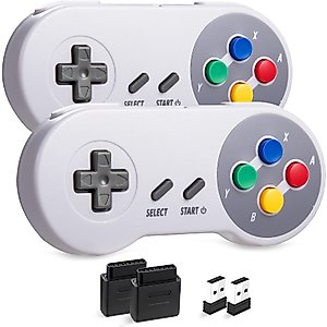 [New Version] 2 Pack 2.4 GHz Wireless Controller Game pad Compatible with SNES & PC, with SNES & USB Receivers, Support Windows PC, IOS MAC, Linux Raspberry Pi and SNES [Plug & Play] [Rechargeable]