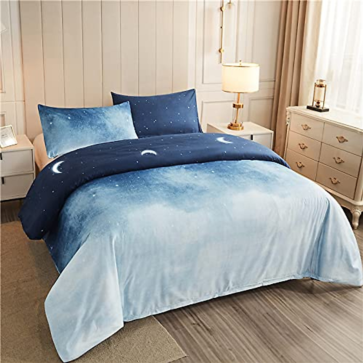 BLUENIGHT Lightweight Hotel Luxury Duvet Cover 3 Piece Set -Gradual Change Blue Starry Sky Whit Moon Ultra Soft Premium Microfiber Breathable Comforter Cover, Corner Ties Full/Queen (90x90 inches)