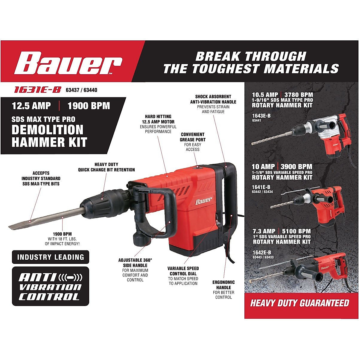 Bauer 12.5 Amp SDS Max Type Pro Demolition Hammer Kit (1631E-B)