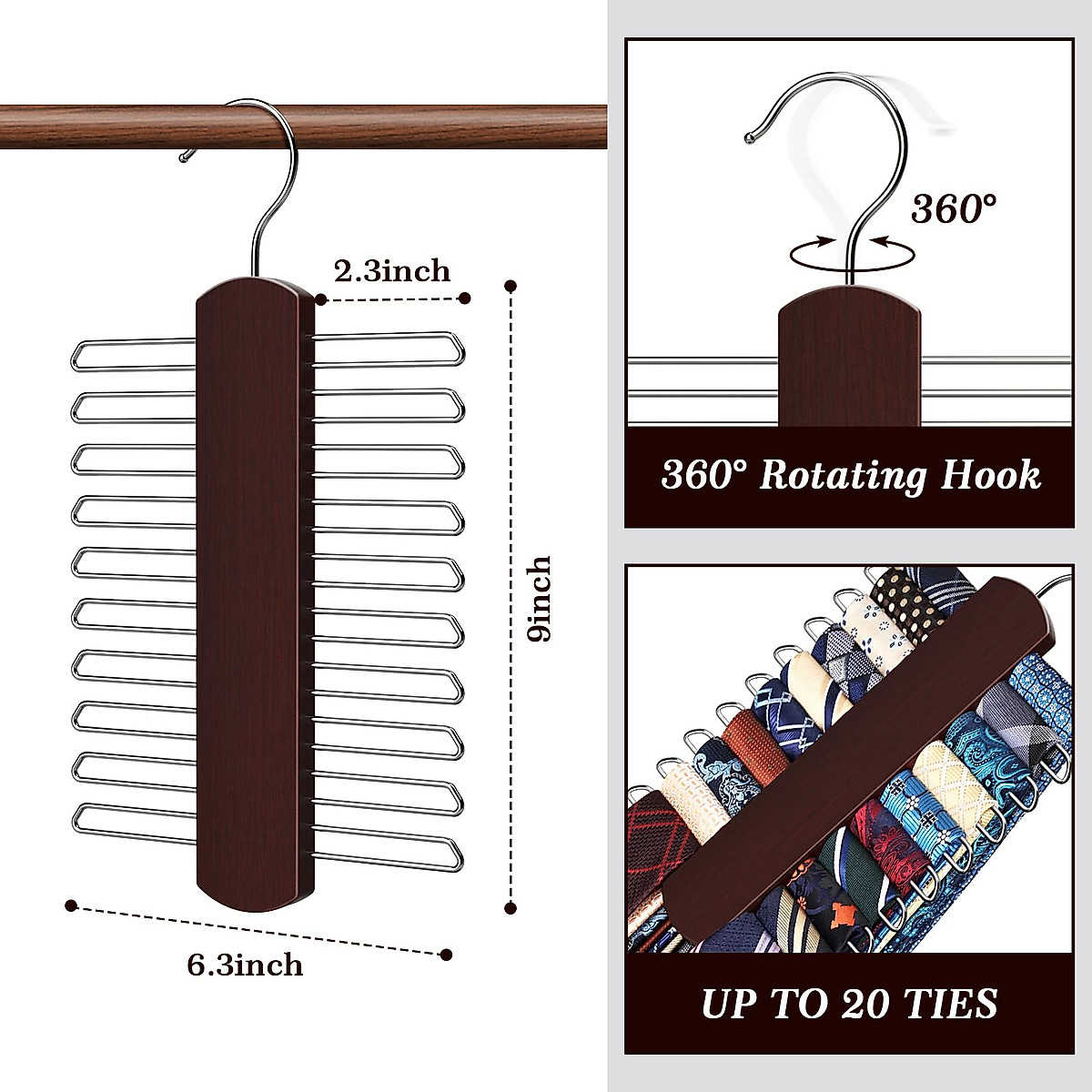2 Pack Tie Rack for Closet, Premium Wooden Necktie Organizer Storage Tie/Belt Hanger, 360 Degree Swivel Space Saving Ties Holder for Men Hanging 40 Ties, Scarves Red