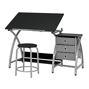 SD STUDIO DESIGNS 2 14 Piece Comet Center Plus, Craft Table and Matching Stool Set with Storage and Adjustable Top, 50x23.75x29.5 inches, Silver/Black