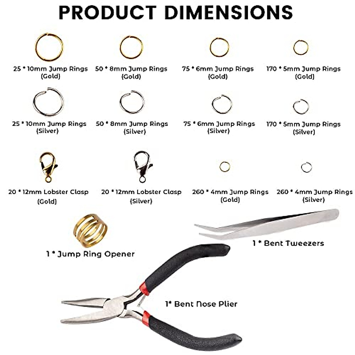 Anzlah Open Jump Rings and Lobster Clasps Jewelry Fixing Kit (1200 pcs Gold and Silver) with a Bent Nose Jump Ring Pliers, Tweezers, and a Jump Ring Opener (O Rings for Jewelry Making)