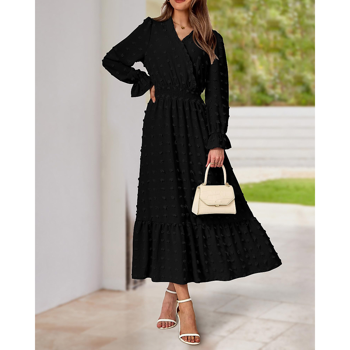 BTFBM Women Fall Dresses 2025 Long Sleeve V Neck Swiss Dots Maxi Dress Boho Long Dress High Waisted A-Line Ruffle Dress(Solid Black,Large)