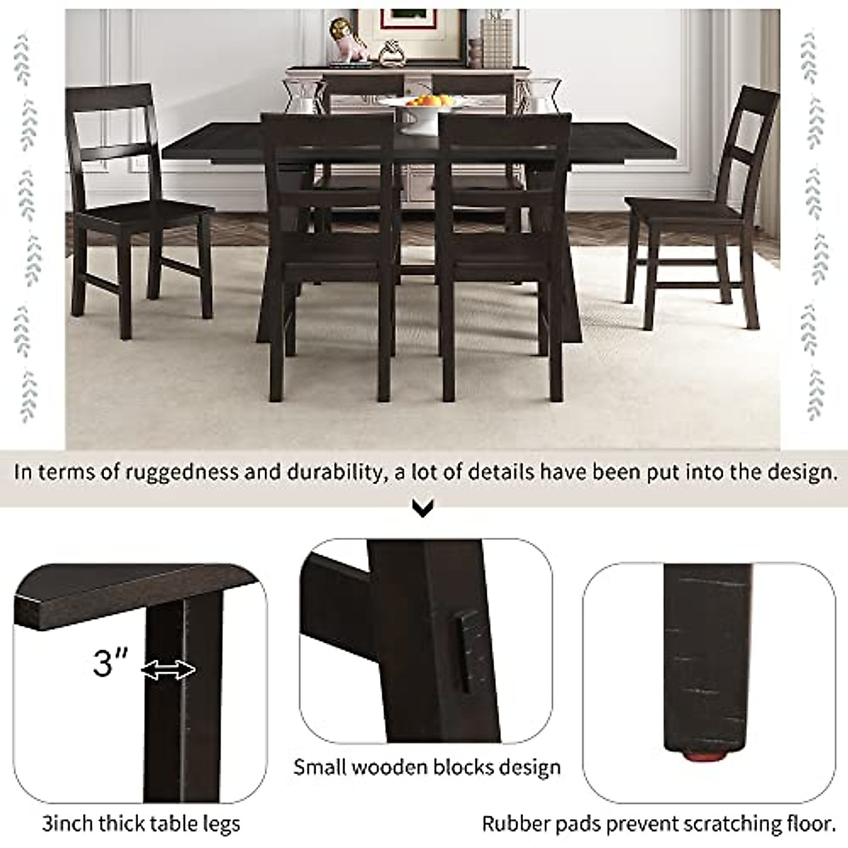 Danxee 7 Piece Solid Wood Dining Room Set, Retro Industrial Style Kitchen Table Set Extendable Table with 18” Leaf and Six Wood Chairs, Rectangle Table with Chairs for Limited Space (Espresso)