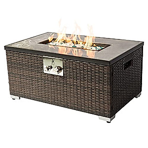 Catalina Creations Outdoor Fire Table Propane Fire Pit Rattan Gas Fire Table 32'', 40,000 BTU Gas Fire Tables with Tile Tabletop, Rectangle Gas Firepit Table for Garden Patio