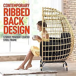 Wicker Rattan Egg Chair, Indoor Outdoor Black Sofa Chair for Patio Backyard and Living Room with 4 Cushions and Powder Coated Steel Frame, Woven Texture Contemporary Ribbed Back Design