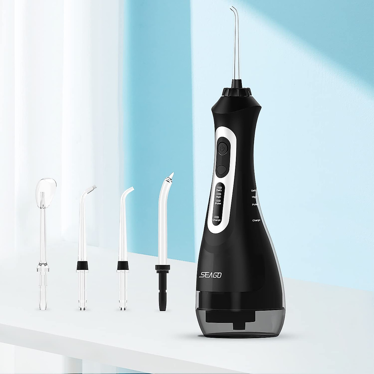 Beantech SEAGO 200 Milliliter Rechargeable Black Cordless Portable Water Flosser Dental Oral Irrigator for Teeth, 5 Jet Tips, IPX7 Waterproof, Powerful Battery Life, for Home and Travel, (SG-833BLK)