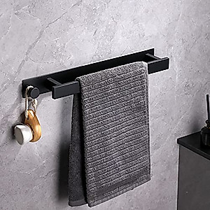 WOSOMOK Vertical Towel Bar for Bathroom with 3M Sticker 15.8 Inch SUS304 Stainless Steel Square Shower Bath Wall Hand Towel Holder Rack No Drilling Matte Black Towel Shelf Rack with Hook