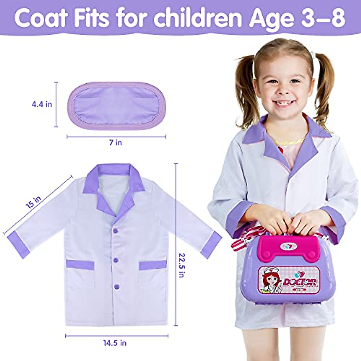 GINMIC Kids Doctor Play Kit, 22 Pieces Pretend Play Doctor Set with Role Play Doctor Costume and Carry Case for Toddlers and Kids, Medical Dr Kit Toys for Girl Age 3 4 5 6 7 Year Old