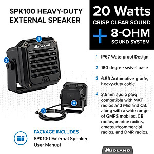 Midland- SPK100 Heavy-Duty 20W External Speaker - 180 Degrees Swivel Base Bracket Works with All CB and MXT Radios 8-OHM Sound System 3.5mm Audio Plug - Easy Installation Waterproof Design