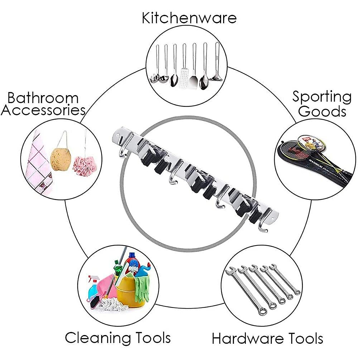 Mop Holder,Broom Organizer, 304 Stainless Steel Broom Holder with 3 Racks 4 Hooks, Wall Mount Garage Organizer Garden Tool Organizer,Hooks Hanger Rack Storage & Home Organization (1 Pack)