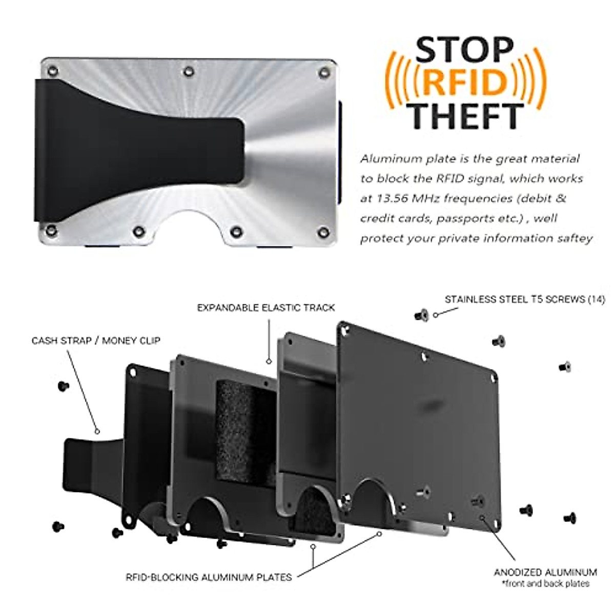 Metal Wallets for Men with Money Clip - Slim Minimalist Aluminum Wallet Credit Card Holder RFID Blocking(Cd Raised Grain, Silver)