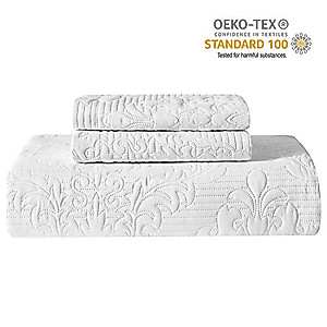 Hansleep White Quilt Queen Size - Damask Summer Bedspreads Queen, Soft Lightweight Coverlet Bedding Set, 3 Piece (1 Quilt, 2 Pillow Shams)