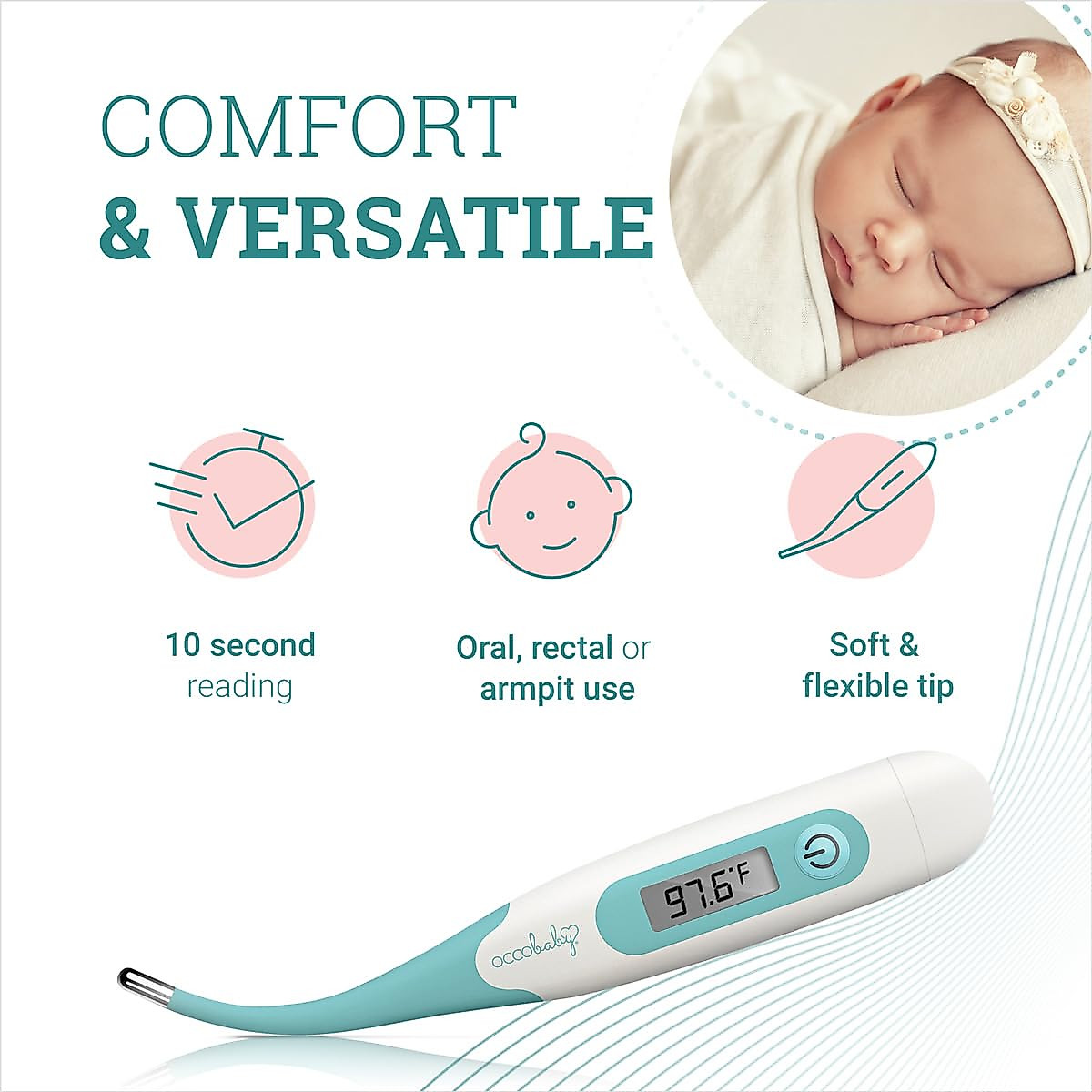 OCCObaby Clinical Digital Baby Thermometer - LCD, Flexible Tip, 10 Second Quick Accurate Fever Read Rectal Oral & Underarm Use Waterproof Thermometer for Kids