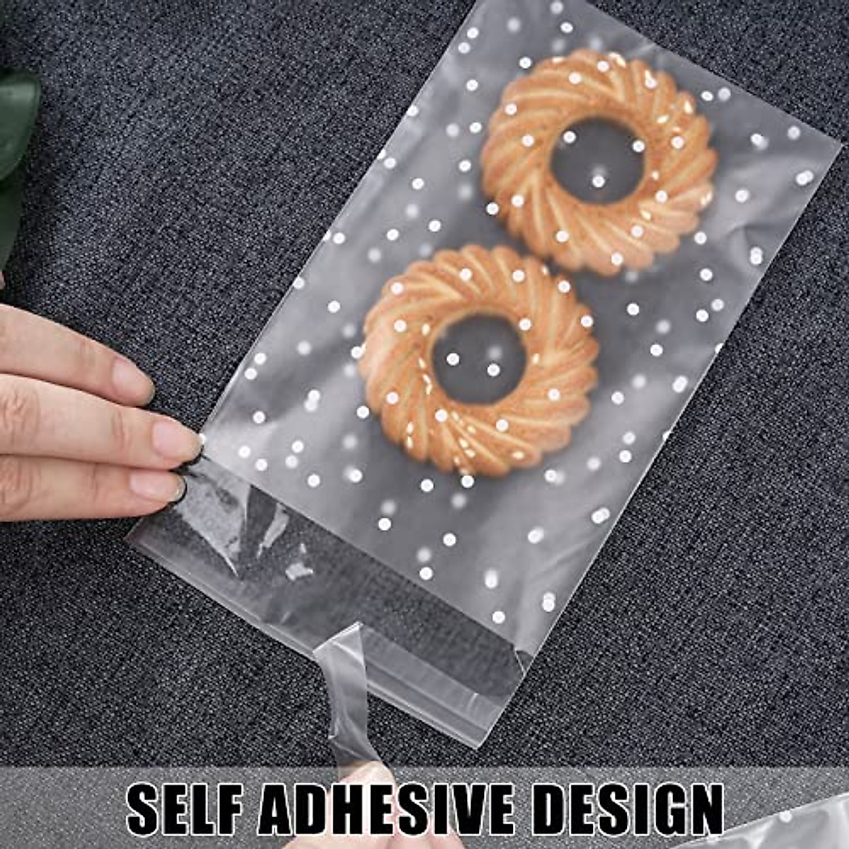 YunKo 200PACK Self Adhesive Cookie Bags Cellophane Treat Bags with Labels for Candy Cookie Chocolate Small Valentine Gift Bags (White Polka Dot,5.5x5.5inch)