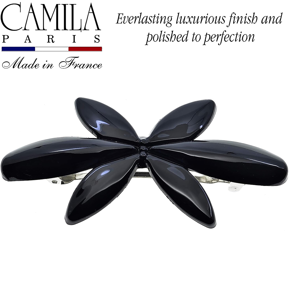 Camila Paris CP2875 French Hair Barrette Clip for Girls Flower, Black, Automatic Clasp Strong Hold Grip Hair Clips for Women, No Slip and Durable Styling Girls Hair Accessories, Made in France