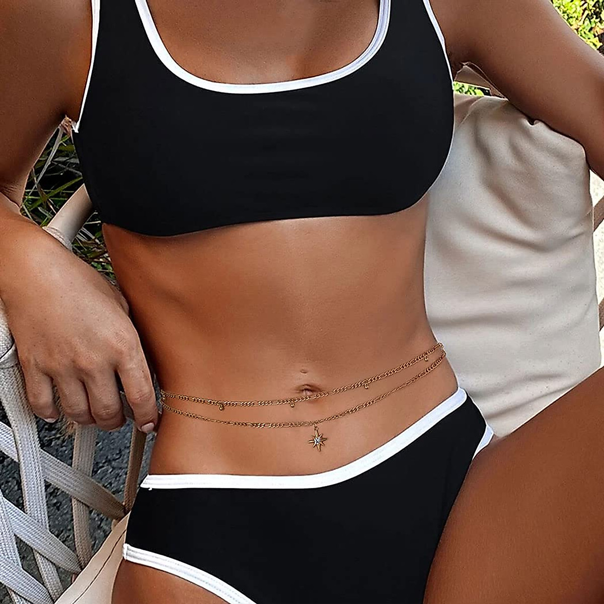 ELABEST Layered Bead Belly Chain Gold Star Waist Chains Rhinestone Body Chain Jewelry Accessories for Women and Girls (31.5+7.8inch)