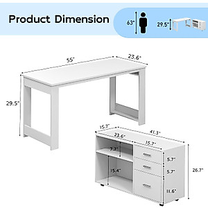 MU 55inch White L Shaped Desk, Corner Computer Desk with 3 Drawers and 2 Shelves, Writing Office Table with Storage File Cabinet, Large Executive Desk with Wheels for Home Office, Bedroom