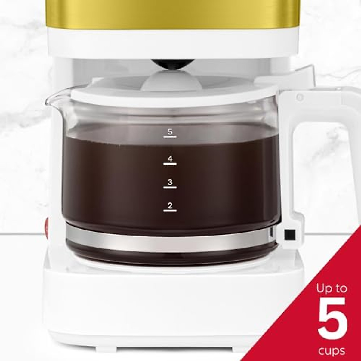 Holstein Housewares 5-Cup Coffee Maker - Pause N Serve, One-Touch Operation, Non-Stick Warming Plate, Water Level Indicator - Reusable Filter - Compact Design - White and Gold Color