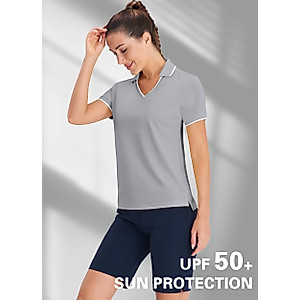 Hiverlay Women's Golf Polo Shirts for Women UPF 50+ Short Sleeve Workout V Neck Tennis Running T-Shirts Quick Dry Tops Grey m