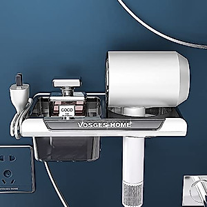 Self Adhesive Hair Dryer Stand Rack Organizer，with Plug Holder Hair Dryer Holder Wall Mounted, Multi-Functional Bathroom Storage Rack，Compatible Most Hair dryers on The Market（White