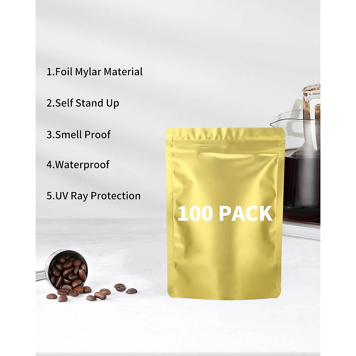 200 Pieces Resealable Mylar Bags(3.3x5.1 inch, Matte Gold), Smell Proof Stand Up Zipper Lock Aluminum Foil Bag, Packaging for Small Businesses, Packaging Bags for Food/Herbs/Nuts Storage…