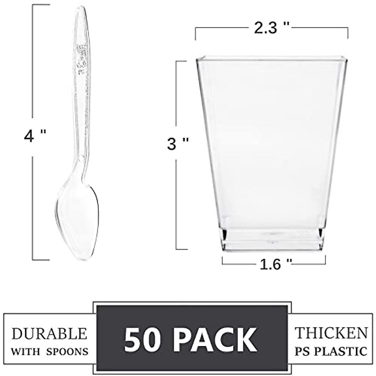 TOFLEN 50ct 5 oz Mini Dessert Cups with Spoons, Clear Plastic Square Dessert Shooters Reusable Party Serving Tumbler Cups for Parfait Appetizer & Dessert Shot Glasses