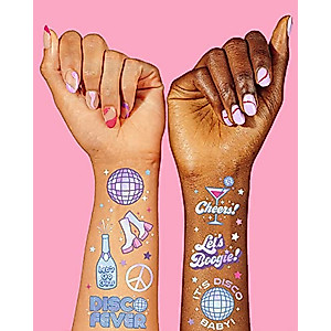 xo, Fetti Disco Birthday Party Temporary Tattoos - 48 Iridescent Foil Pcs | Birthday Girl Party Decorations, Dancing Queen, 70s Groovy Party