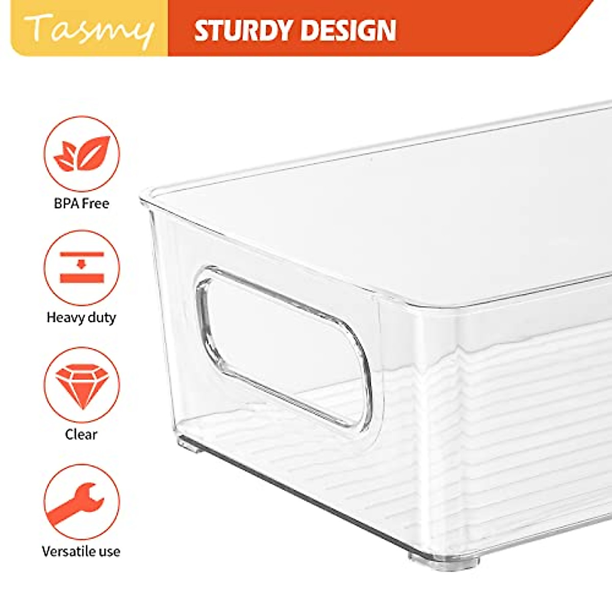 Tasmy Set of 4 Refrigerator Organizer Bins - Stackable Fridge Organizers with Handles for Freezer, Kitchen, Countertops, Cabinets - Clear Plastic Pantry Food Storage Rack, BPA Free