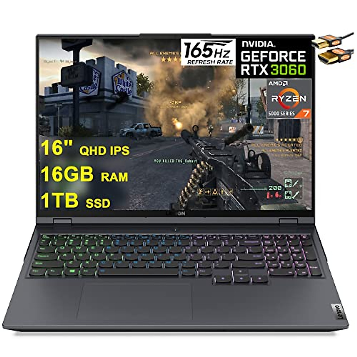 Lenovo Legion 5 Pro 16 Gaming Laptop 16" QHD IPS 165Hz (500 nits 100% sRGB) AMD 8-Core Ryzen 7 5800H (Beats i7-11375H) 16GB RAM 1TB SSD GeForce RTX 3060 6GB Backlit USB-C Win11 + HDMI Cable