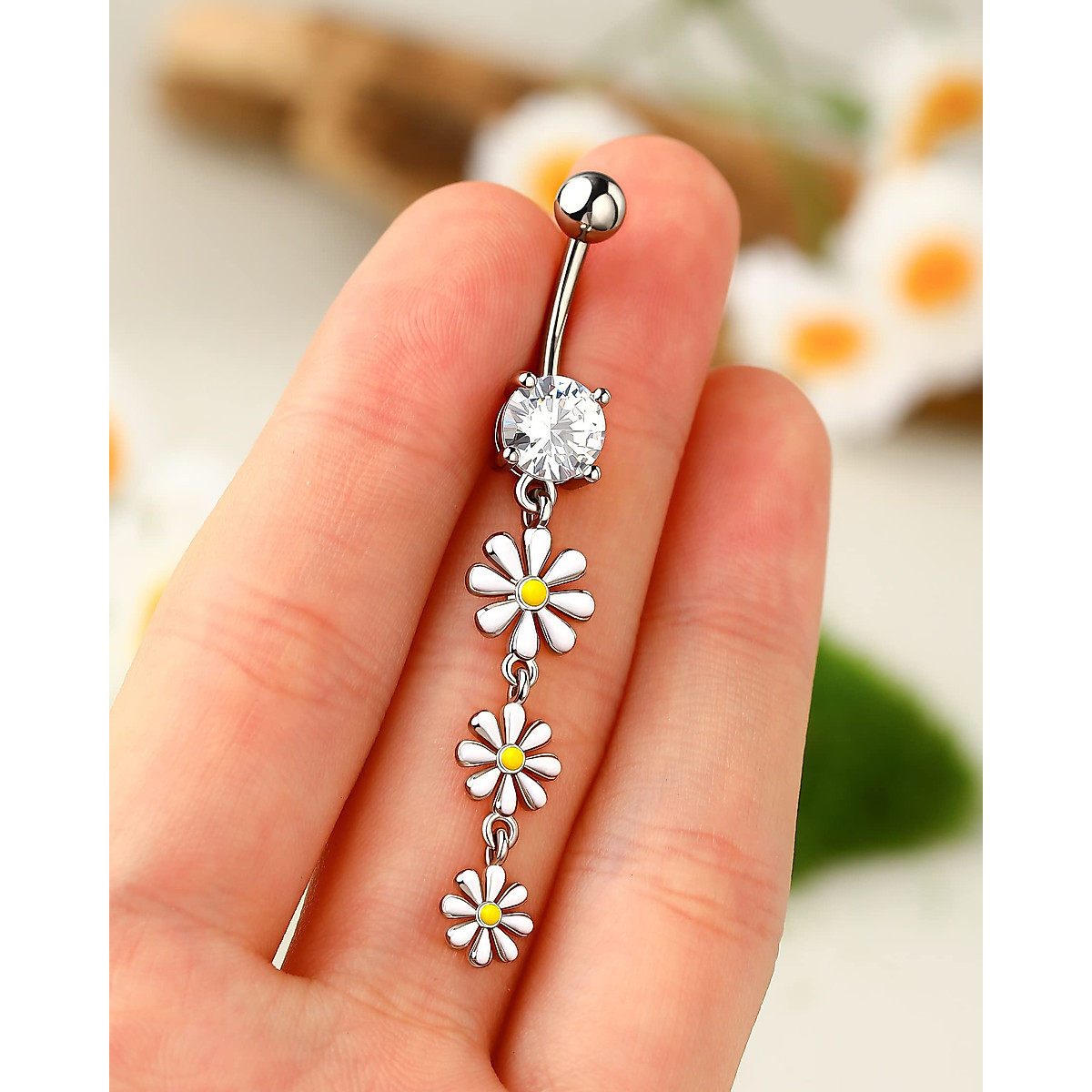 Melighting Dangle Belly Button Rings 14G Belly Rings Stainless Steel 316L Flower Belly Piercing Jewelry for Women Belly Piercing Navel Barbell Body Piercing Jewelry