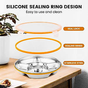 YENXIKU Divided Serving Tray with Lid, Stainless Steel Veggie Tray with Plastic Lid, Reusable Vegetable Platter, Snack Tray, Snackle Box for Party, Easy to Clean (6 Compartments, 60oz)