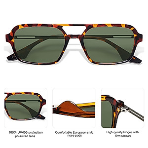 SOJOS Vintage Polarized Aviator Sunglasses for Women Men 70s Retro Flat Narraw Rectangular Womens Glasses SJ2186 with Leopard/Green Lens